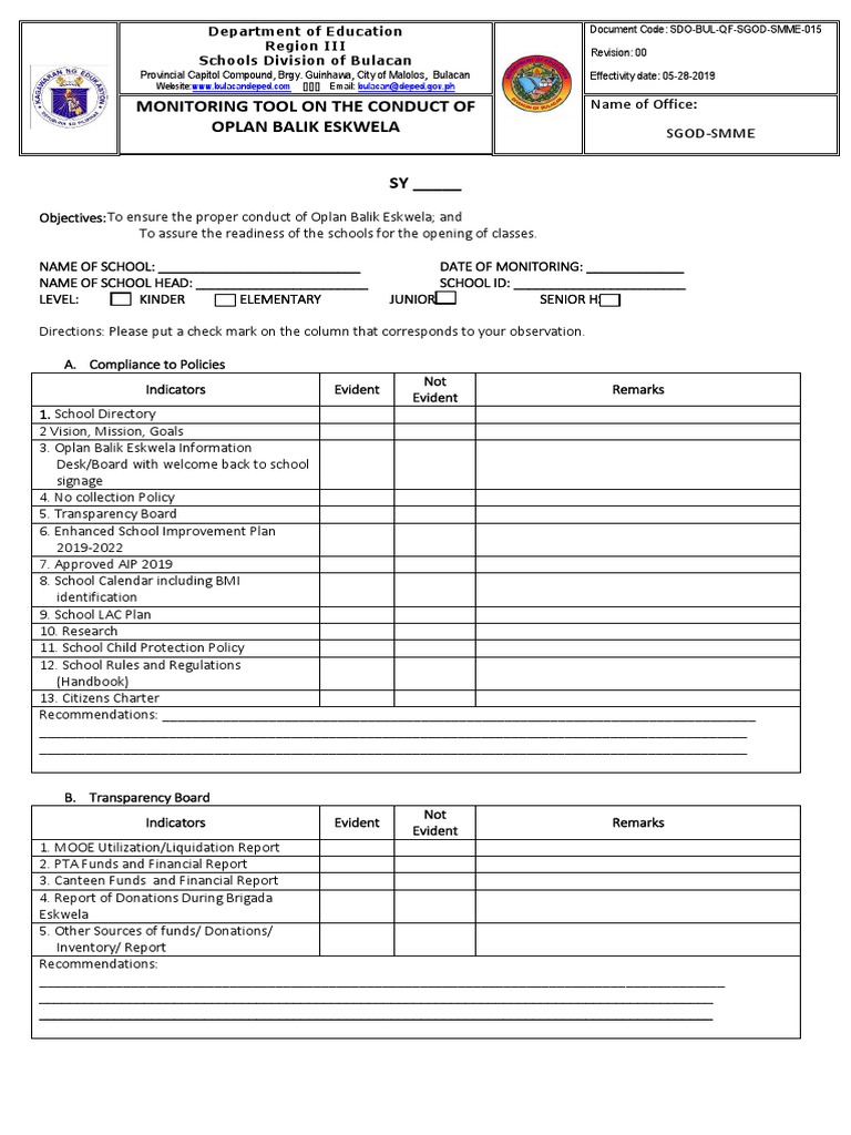 R 2 Doc015 Monitoring Tool On The Conduct of Oplan Balik Eskwela | PDF ...