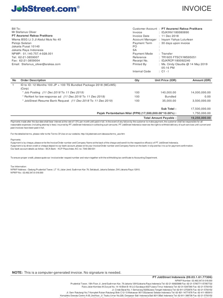 12 Months 100 JP + 100 TS Bundled Package 2018 Invoice for PT Asuransi ...
