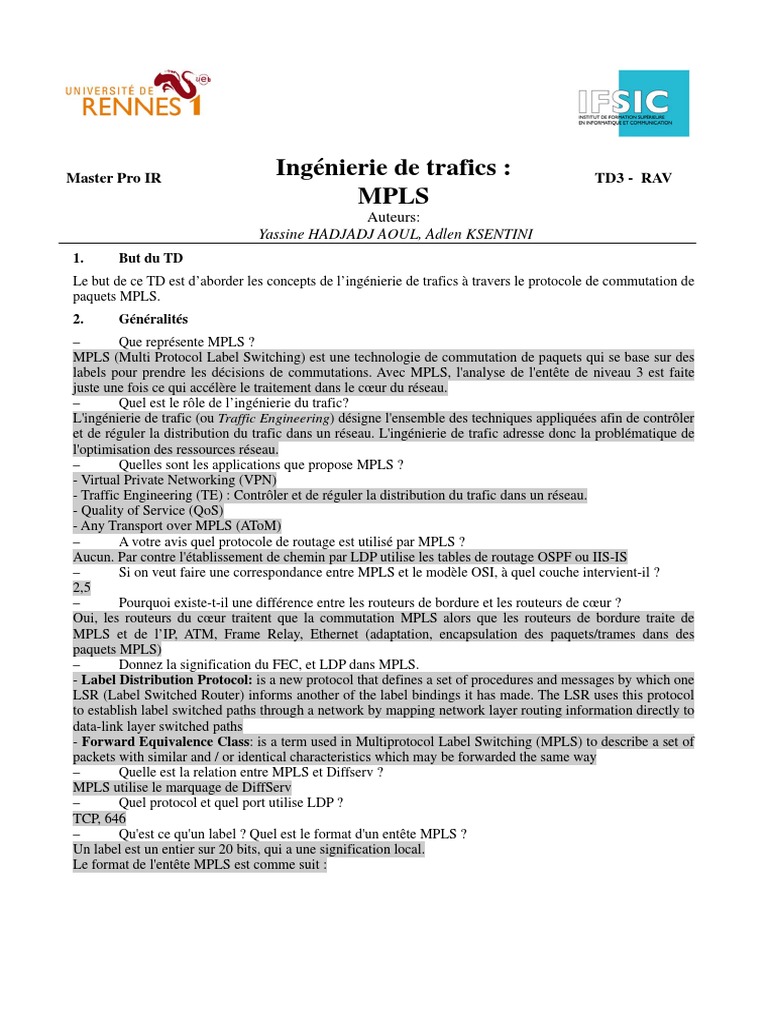 TD3 MPLS Corrige PDF | PDF | Commutation d'étiquette multiprotocole | Mise en réseau