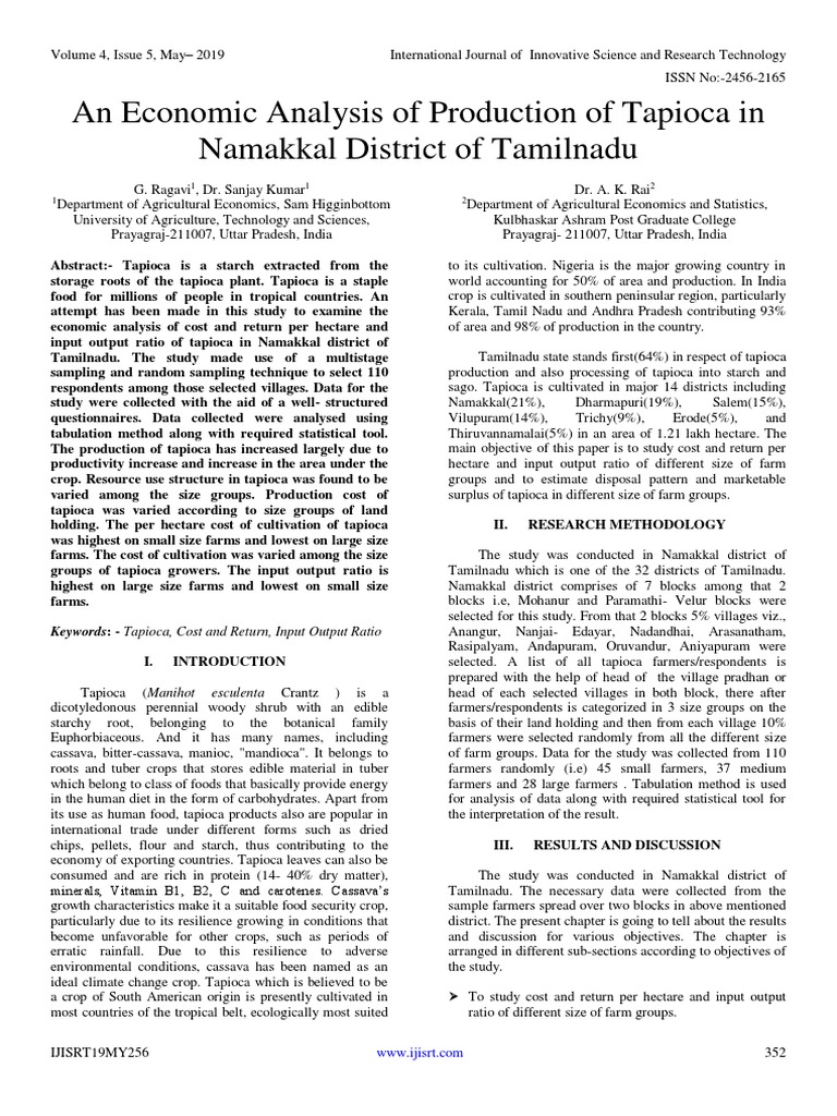 An Economic Analysis of Production of Tapioca in Namakkal District of ...