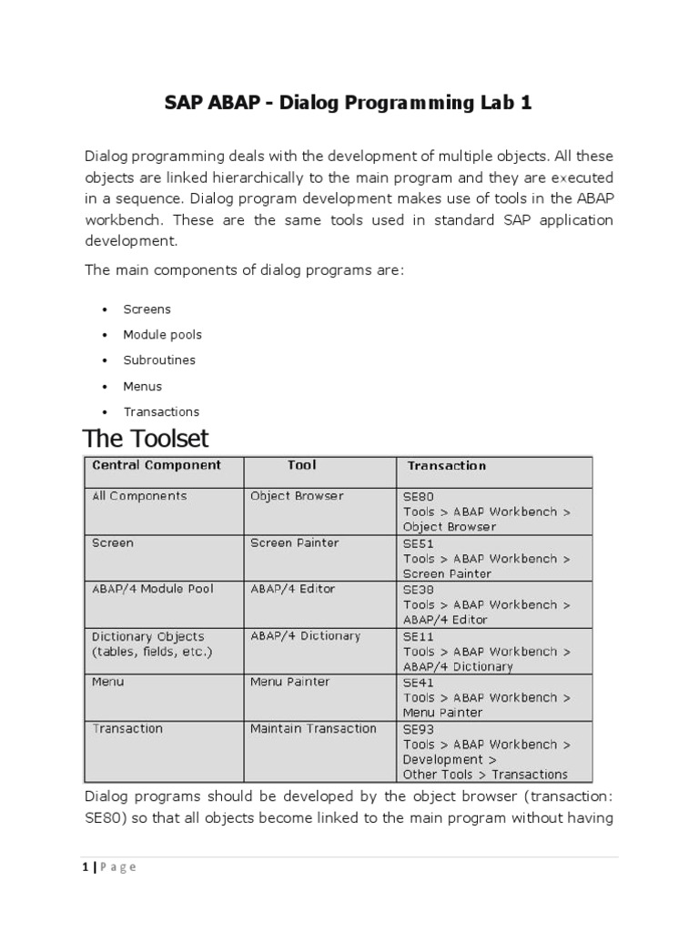 The Toolset: SAP ABAP - Dialog Programming Lab 1 | PDF | Computing Platforms | Digital Technology