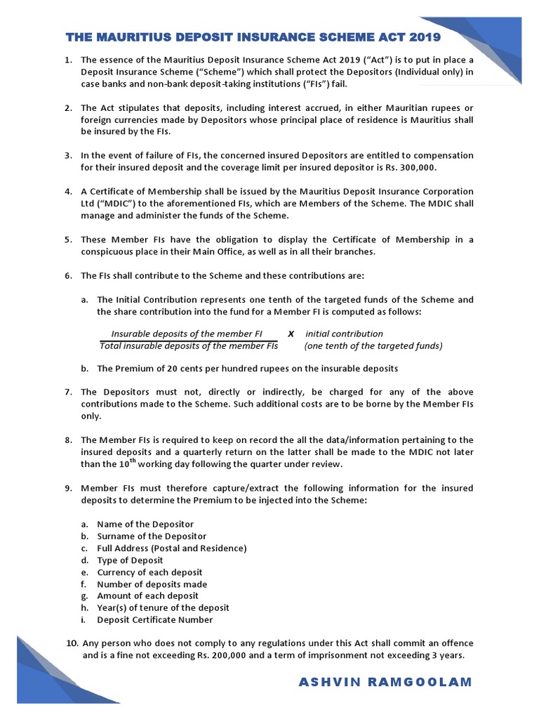 The Mauritius Deposit Insurance Scheme Act 2019 - An Overview | PDF ...