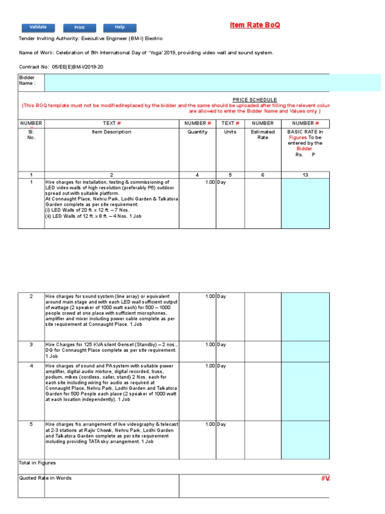 Item Rate Boq: Validate Print Help | PDF | Electrical Engineering ...