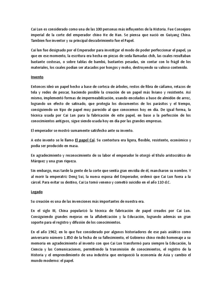 Cai Lun: Inventor del Papel en China | PDF | Viajes y turismo