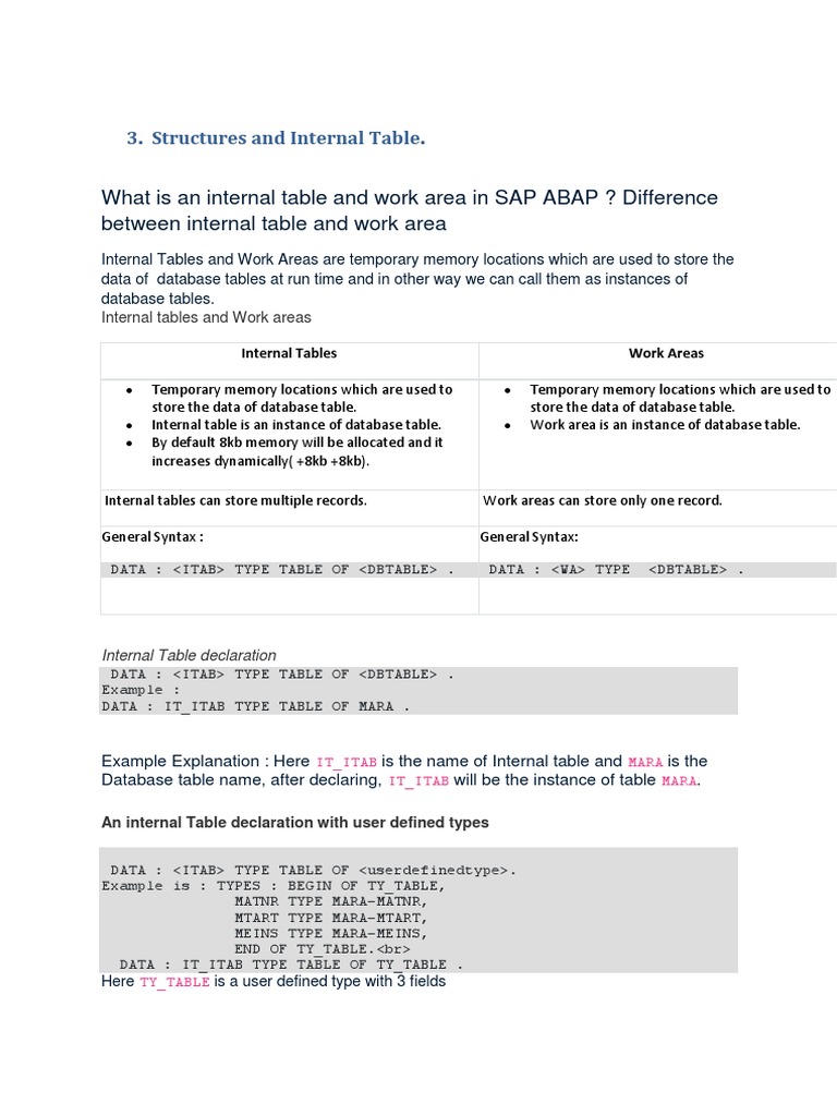 Internal Tables and Work Areas in ABAP | PDF | Database Index ...