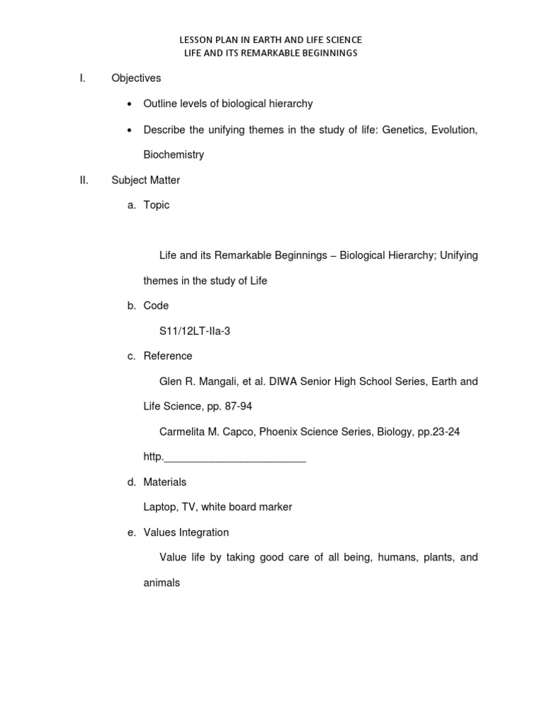 Earth and Life Science Lesson Plan | PDF | Organisms | Evolution