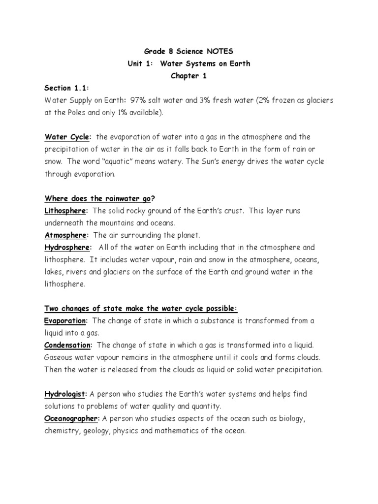 Chapter 1 Notes Grade 8 Science | PDF | Drainage Basin | Surface Runoff