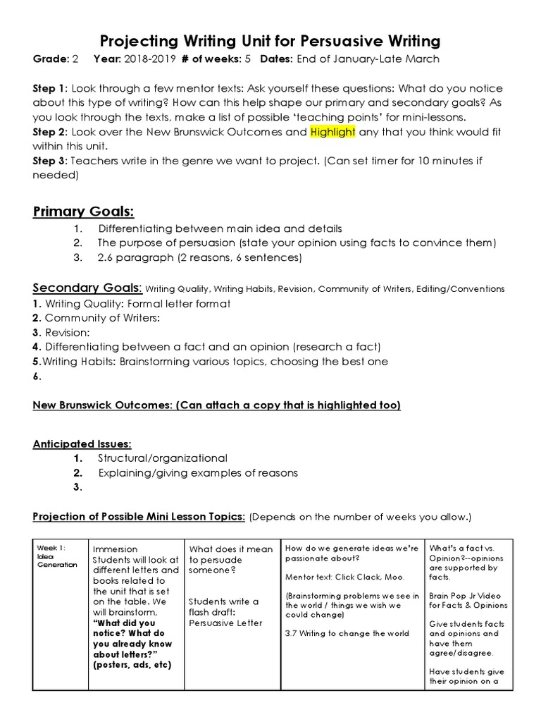 Grade 2 Persuasive Writing Unit Plan | PDF | Mentorship | Persuasion