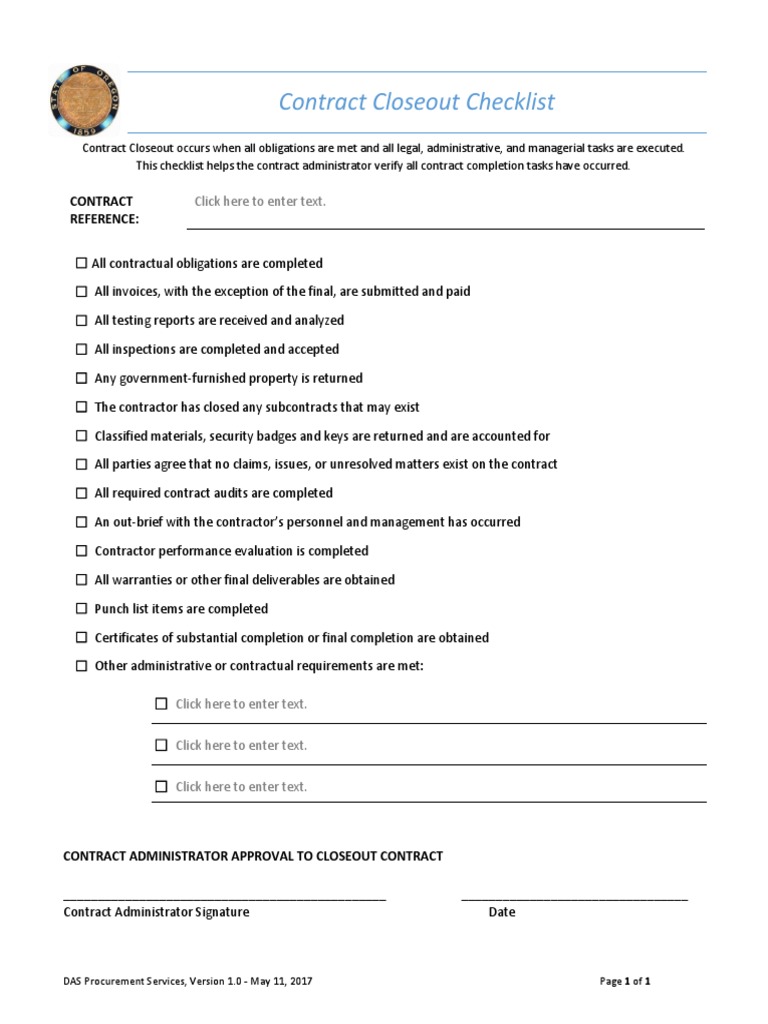 Contract Closeout Checklist: Click Here To Enter Text | Download Free ...