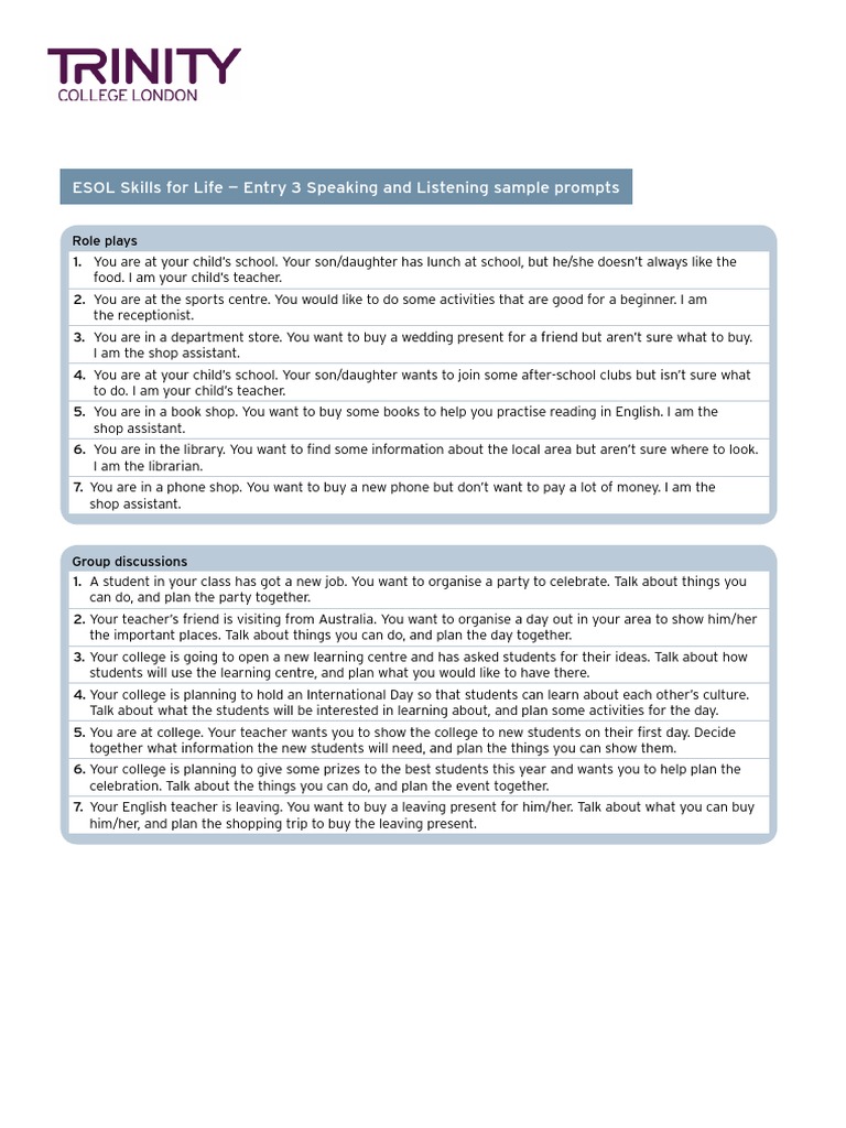 ESOL Skills For Life - Entry 3 Speaking and Listening Sample Prompts | PDF
