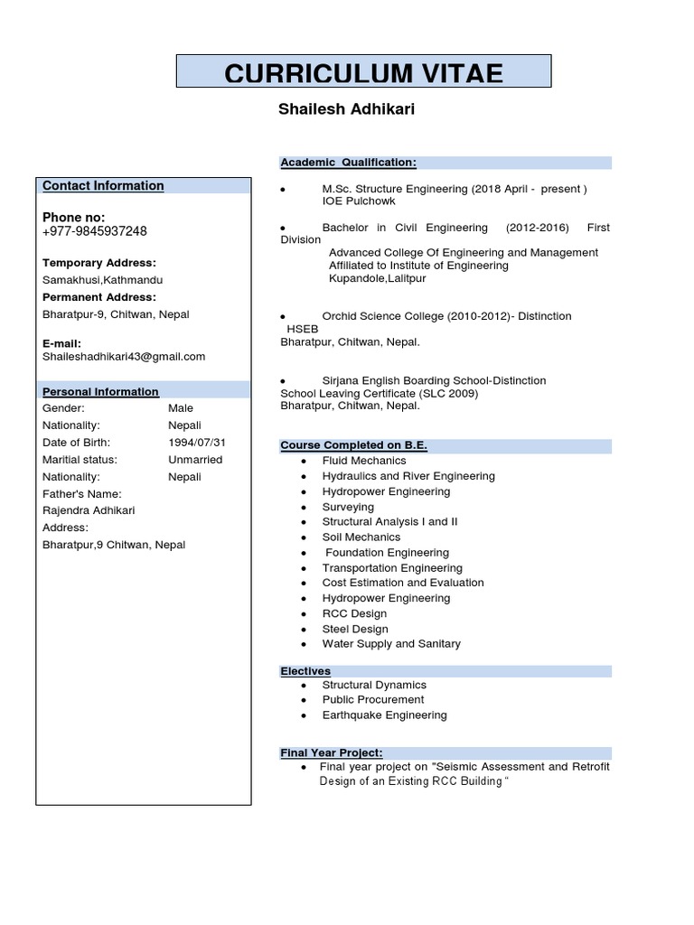Curriculum Vitae: Shailesh Adhikari | PDF | Nepal | Engineering