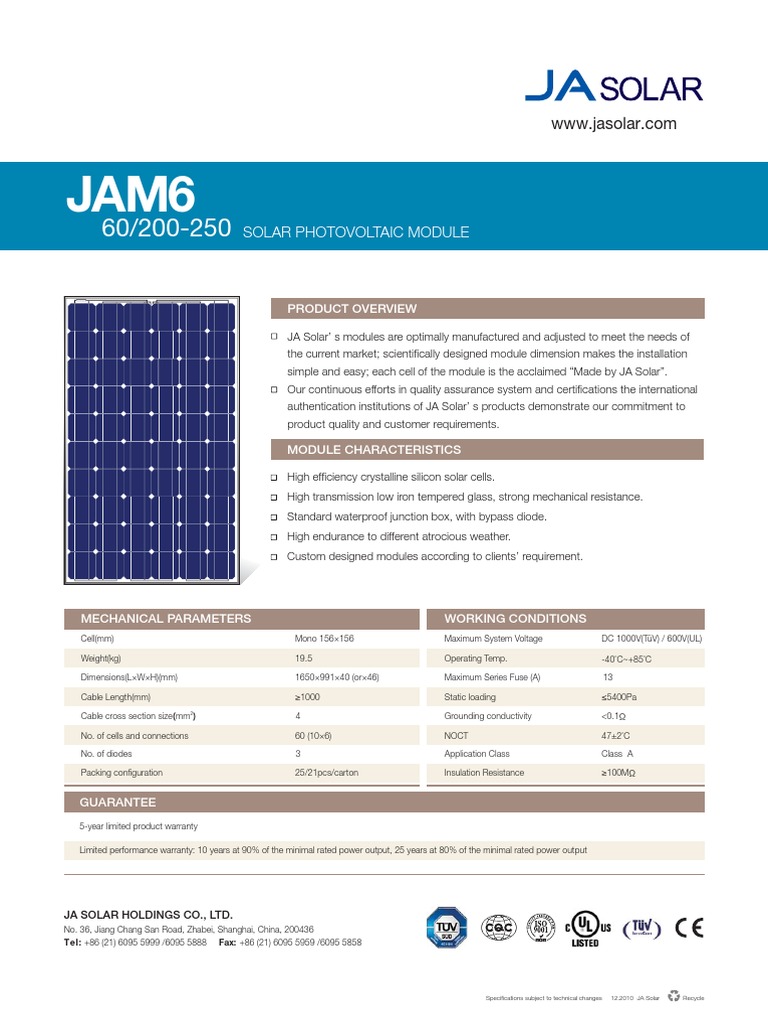 JA Solar JAM6 60/200-250 solar module specs | PDF | Solar Cell | Solar ...
