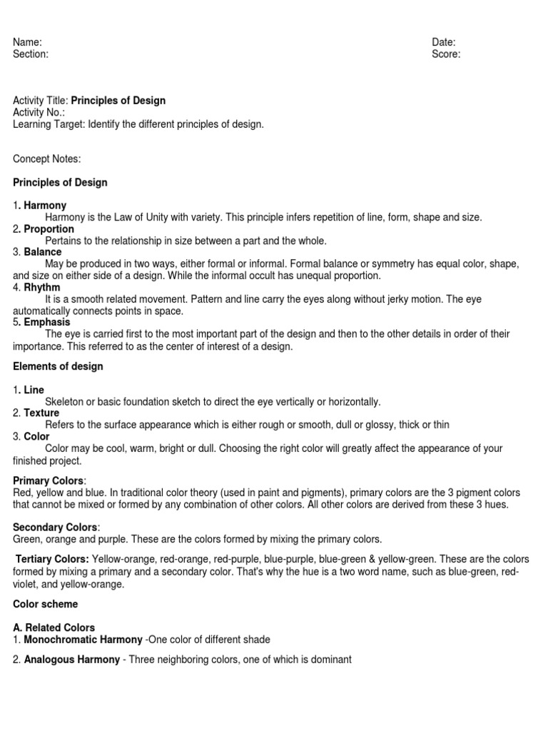 Grade 8 Principle of Design | PDF | Color | Light