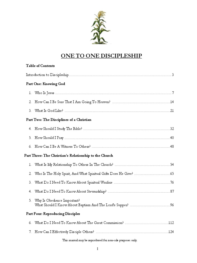 One To One Discipleship: This Manual May Be Reproduced For Non-Sale ... One To One Discipleship: This Manual May Be Reproduced For Non-Sale ...