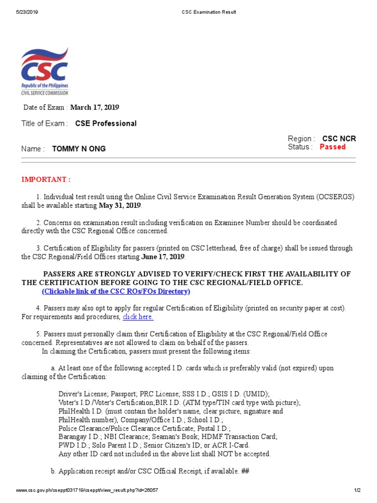CSC Examination Result | PDF | Identity Document | Document