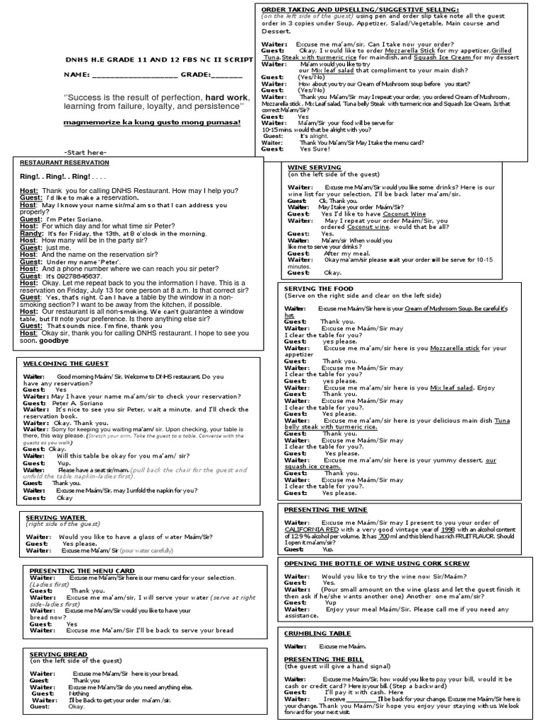 FBS NC II Assesment Script | PDF | Waiting Staff | Wine