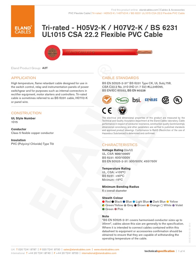 Tri Rated Cable h05v2 K h07v2 K | PDF | Electrical Equipment | Equipment