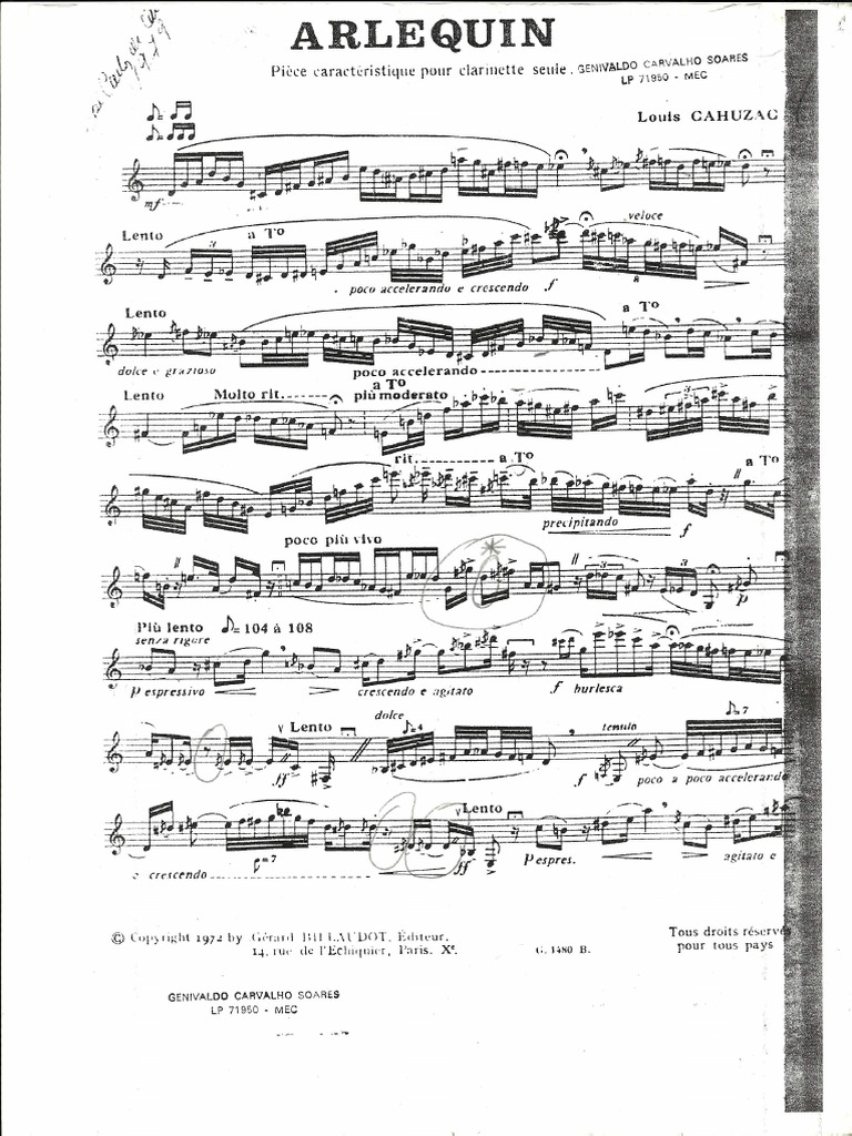 Louis Cahuzac Arlequin Piece Caracteristique Pour Clarinette Seule PDF ...