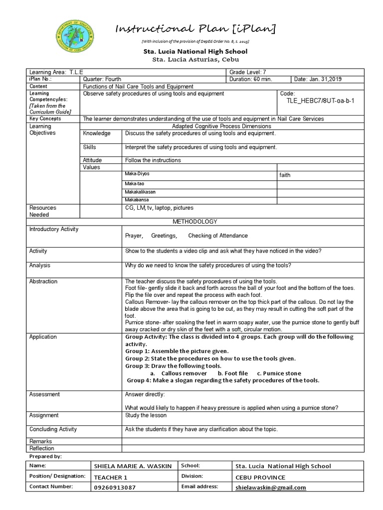 Instructional Plan (Iplan) : Tle - Hebc7/8Ut-Oa-B-1 | PDF ...