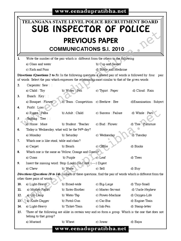 TS Police Recruitment Board Sub Inspector of Police Previous Paper 2010 ...