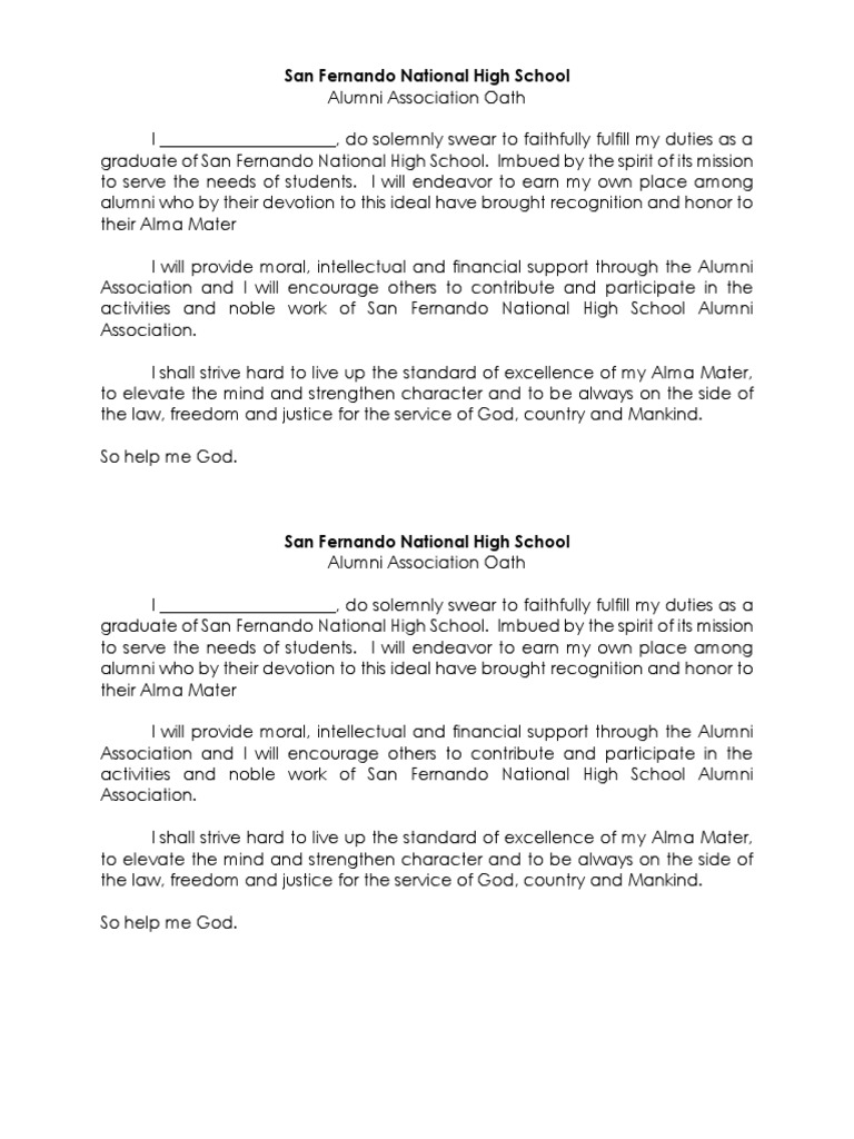 SFNHS Alumni Oath | PDF | Oath Of Office | Social Institutions