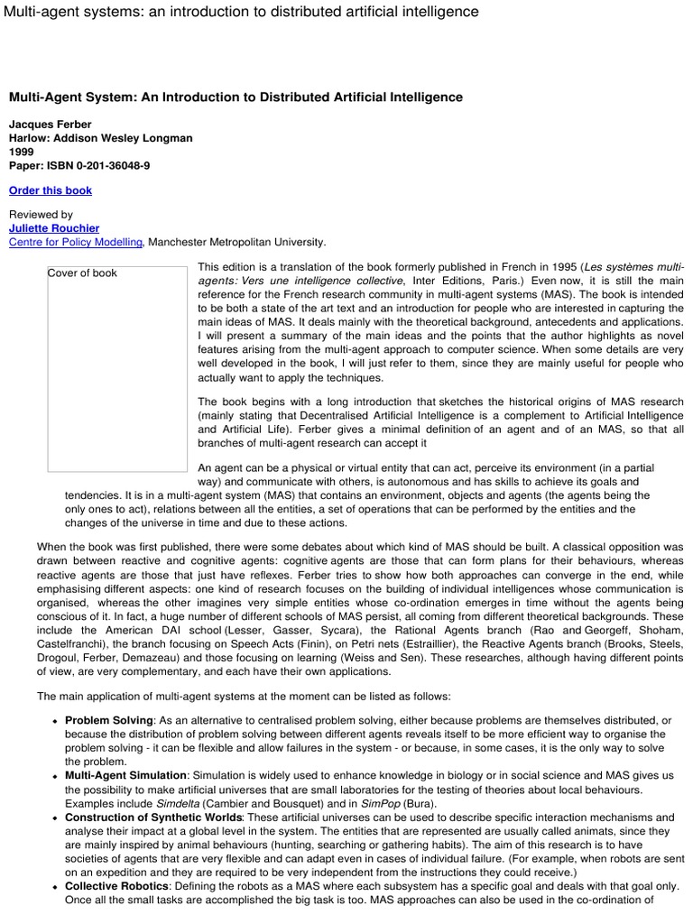 Multi Agent Systems An Introduction To Distributed Artificial | PDF ...