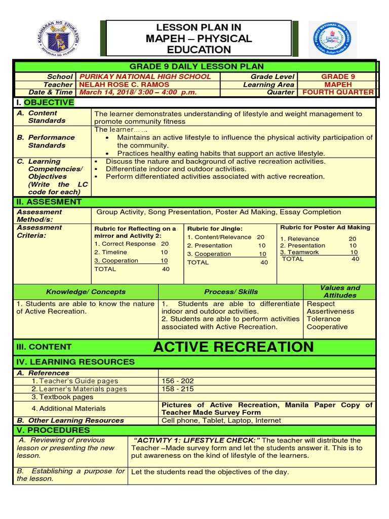 Grade 9 PE Lesson Teaches Active Lifestyle | PDF | Lesson Plan ...