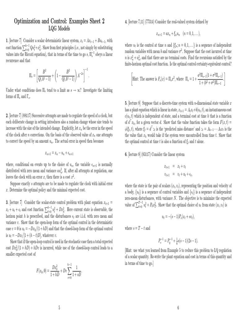 Optimization and Control: Examples Sheet 2: LQG Models | PDF | Control Theory | Variance