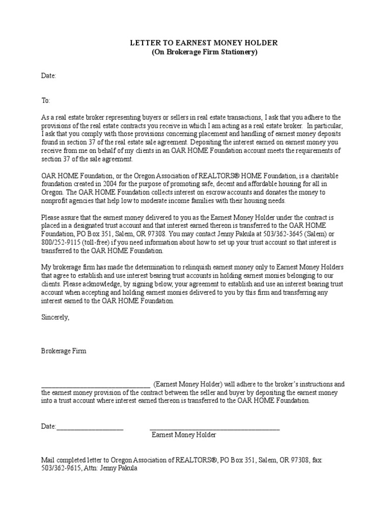 Letter To Earnest Money Holder | PDF | Real Estate Broker | Financial ...