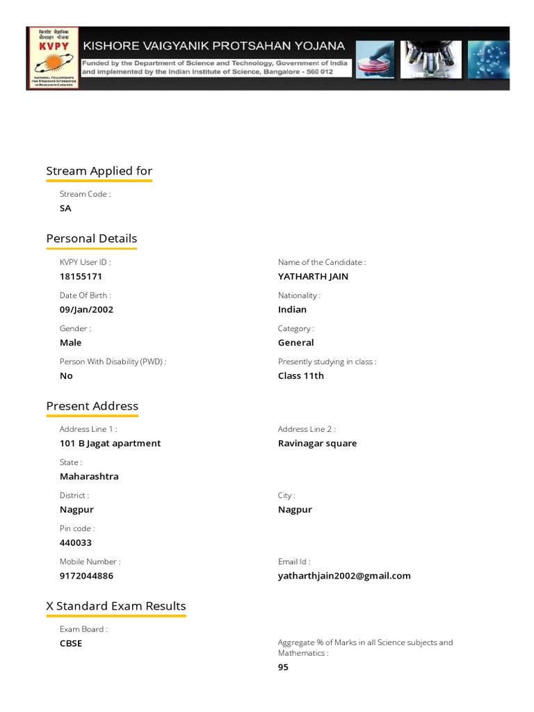 Kvpy 2018 Form | PDF