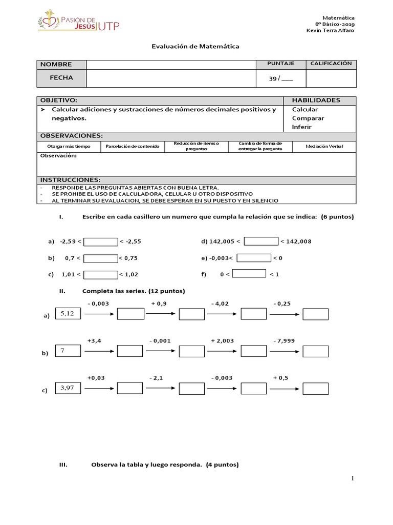 Evaluación de Sumas y Restas Decimales | PDF | Enseñanza de matemática ...