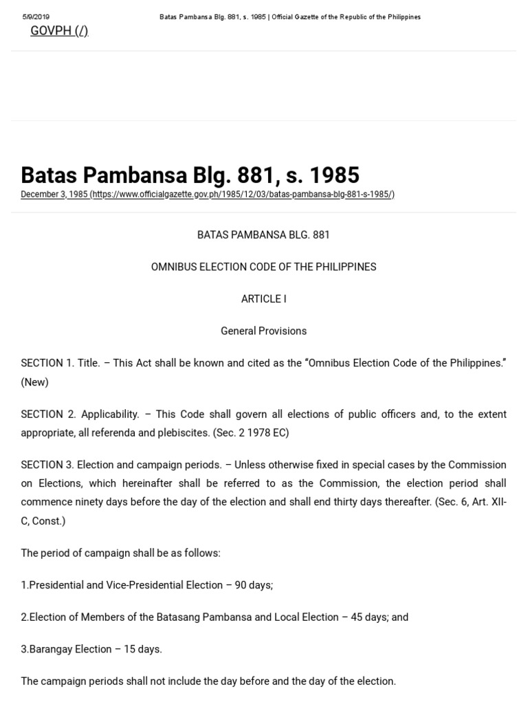 BP 881 Omnibus Election Code | Download Free PDF | President Of The ...
