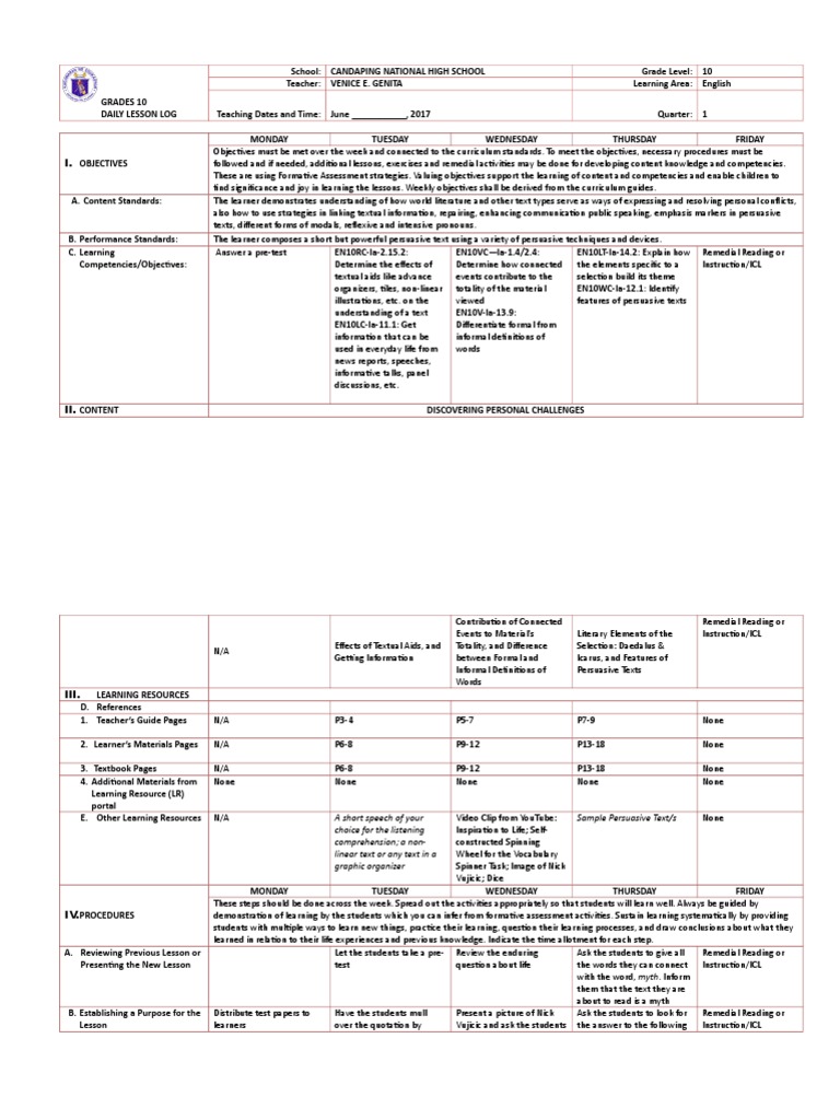 English DLL G10 First Quarter | PDF | Learning | Teachers