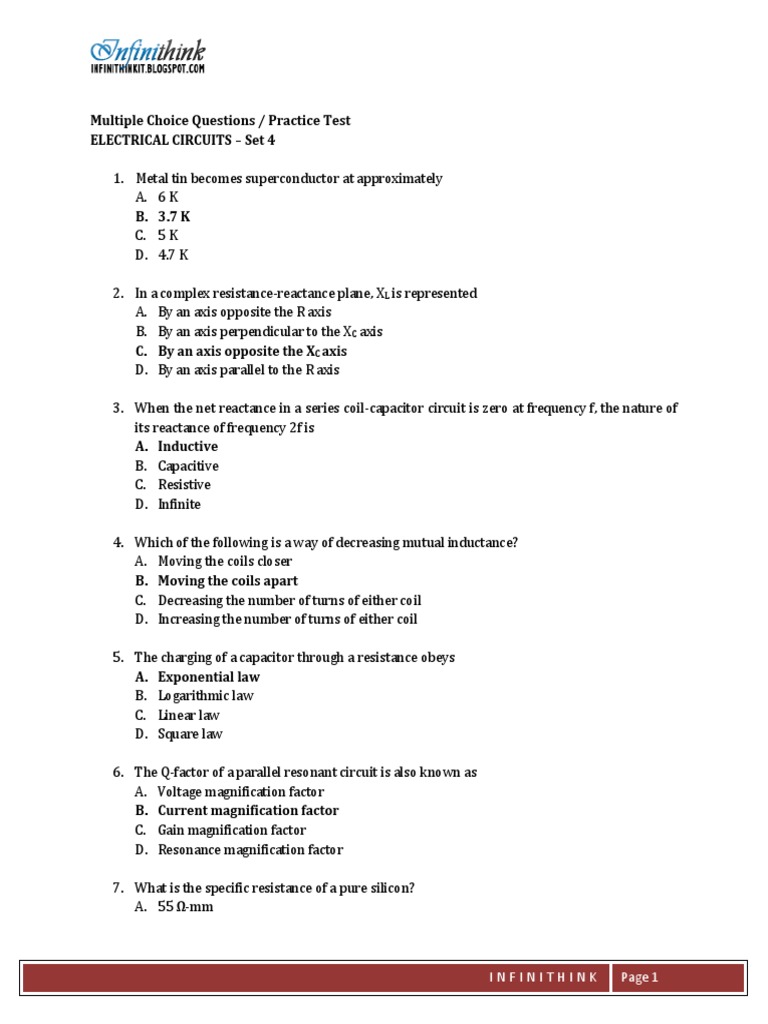 Multiple Choice Questions / Practice Test Electrical Circuits - Set 4 ...