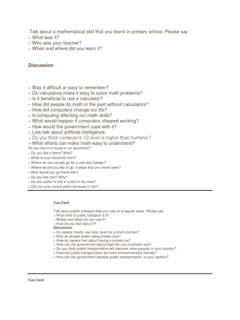 Discussion: Cue Card | PDF | Public Transport | Teaching Mathematics