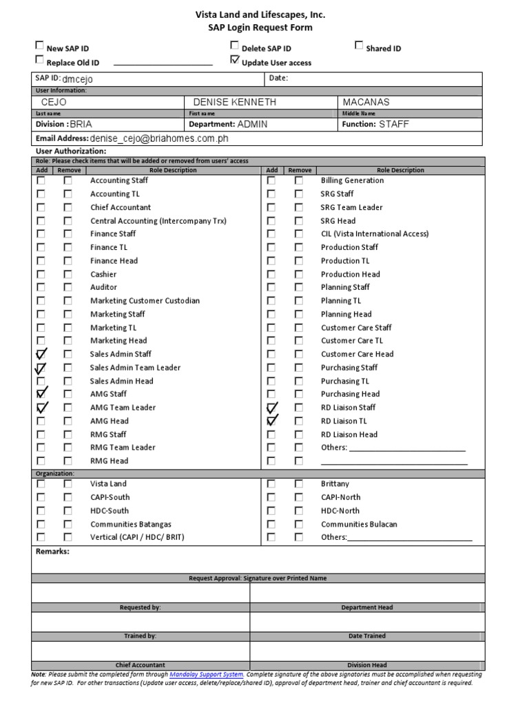 Vista Land And Lifescapes Sap Access Request Form A Template For