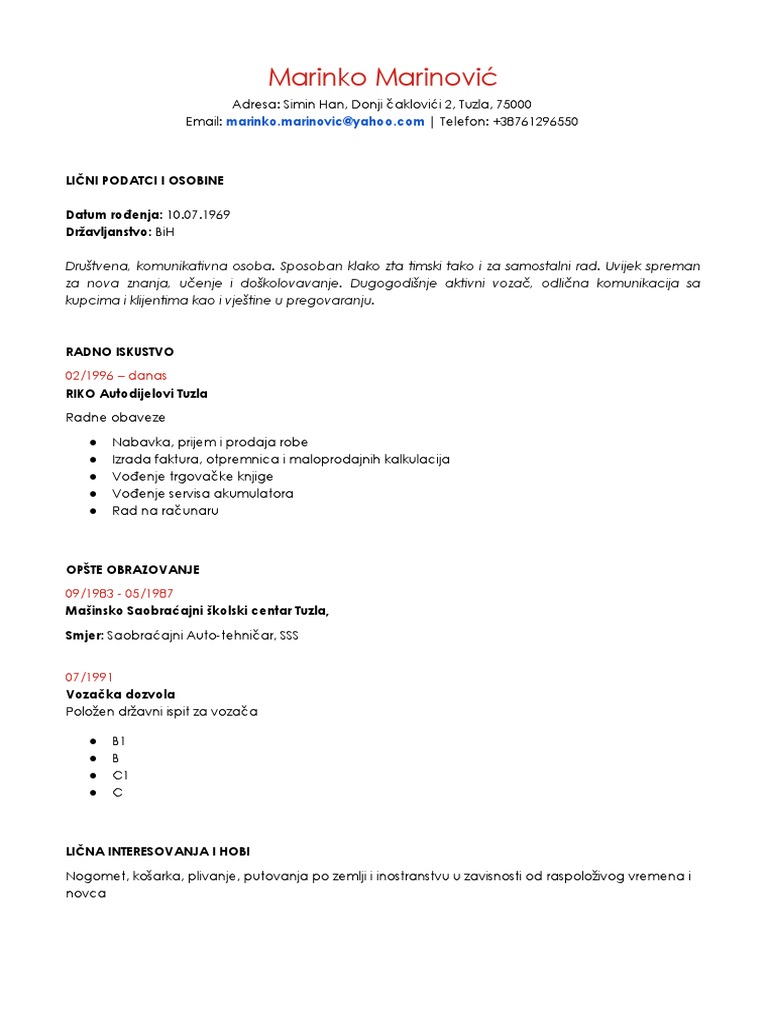 Prijava Za Posao - CV | PDF