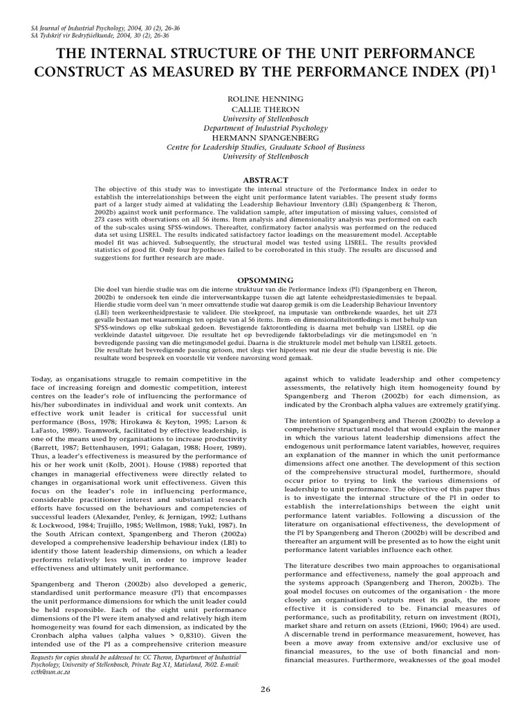 The Internal Structure of The Unit Performance Construct As Measured by The Performance Index ...