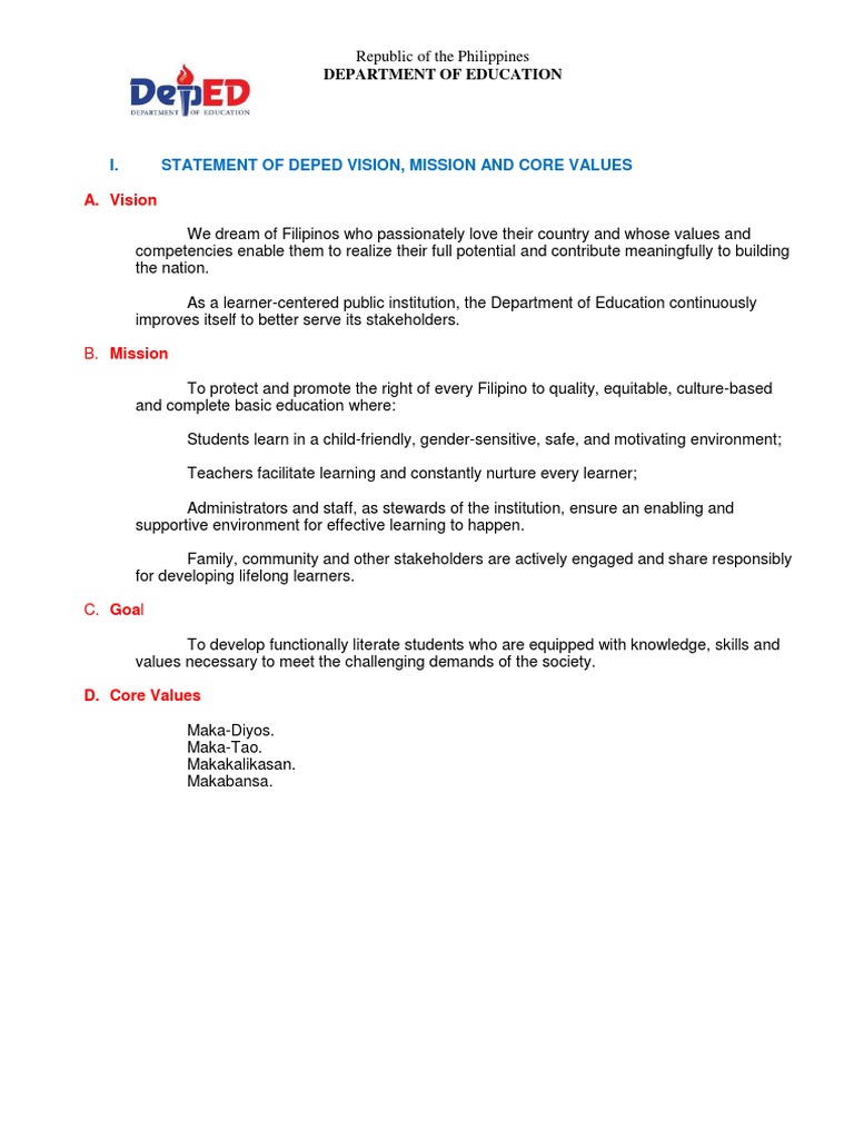 I. Statement of Deped Vision, Mission and Core Values | PDF