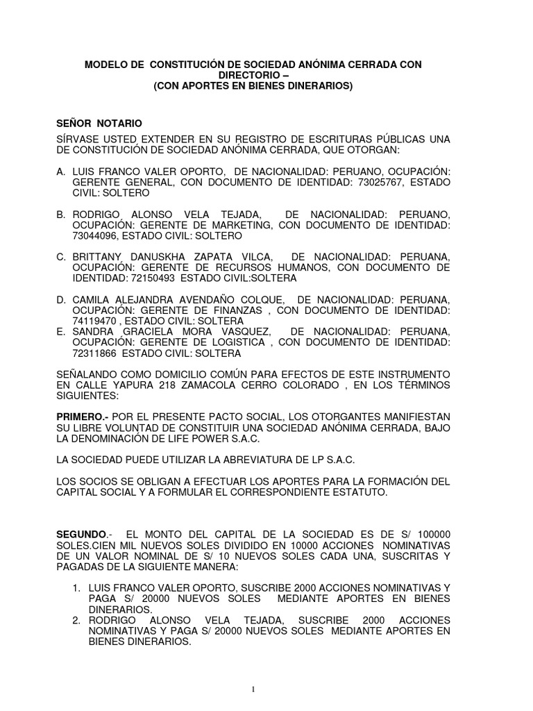 Minuta de Constitucion | PDF | Sociedad de responsabilidad limitada | Conceptos legales