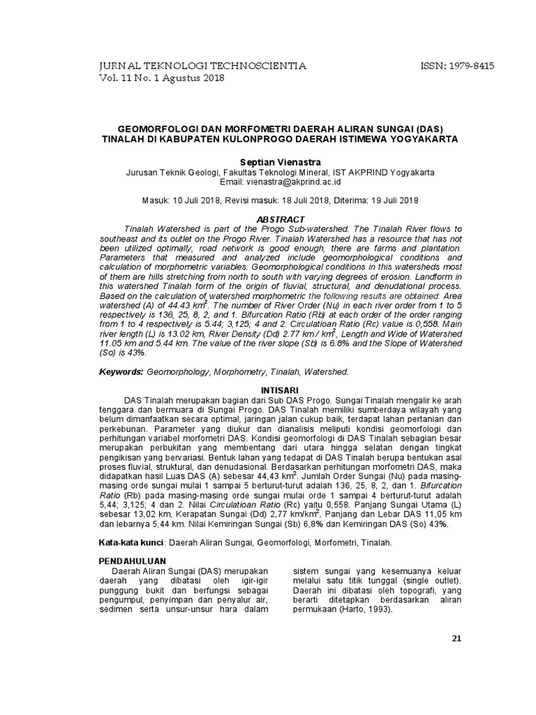 Geomorfologi Dan Morfometri Daerah Aliran Sungai (Das) Tinalah Di ...