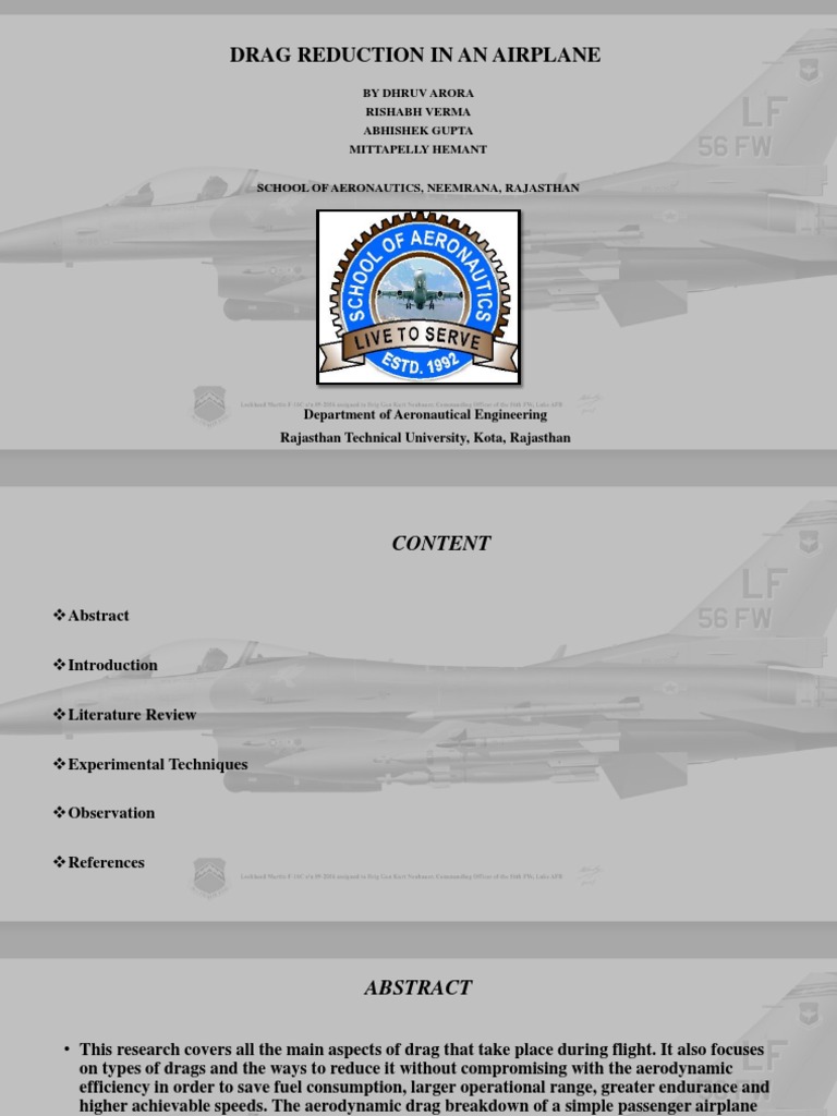 Drag Reduction in An Airplane | PDF | Drag (Physics) | Aircraft
