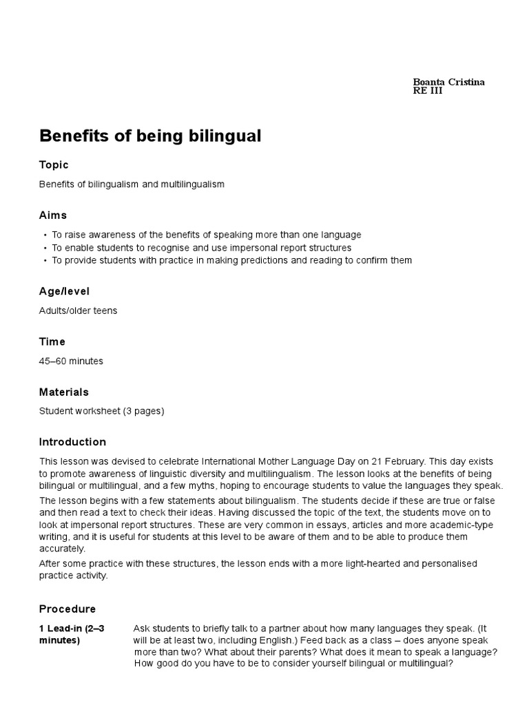 Benefits of Being Bilingual Lesson Plan | PDF | Multilingualism | Question