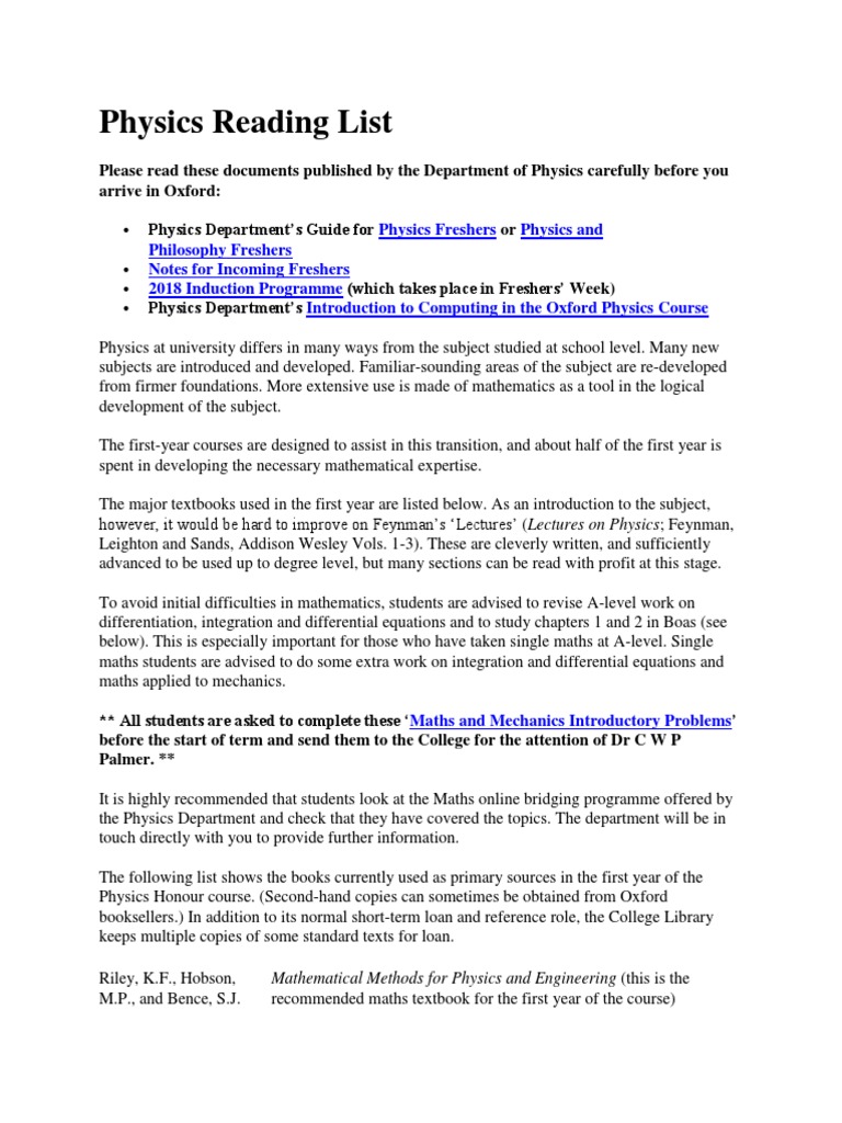 Oxford Physics Reading List | PDF | Richard Feynman | University Of Oxford