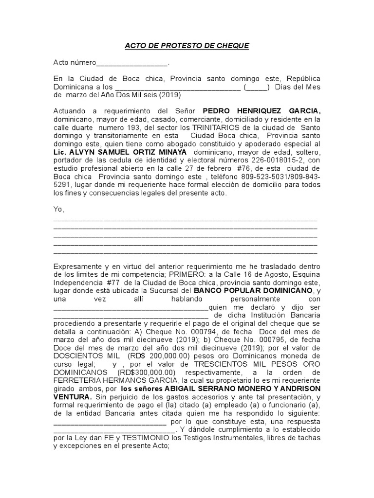 Protesto de Cheques en Boca Chica | PDF | República Dominicana | Cheque