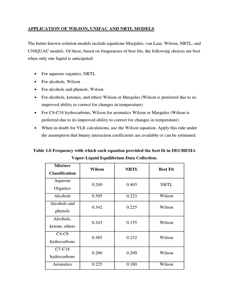 Application of Wilson, Unifac & NRTL Models | PDF | Physical Chemistry ...