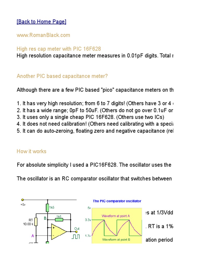 High Res Cap Meter With PIC 16F628: (Back To Home Page) | PDF | Resistor | Capacitor
