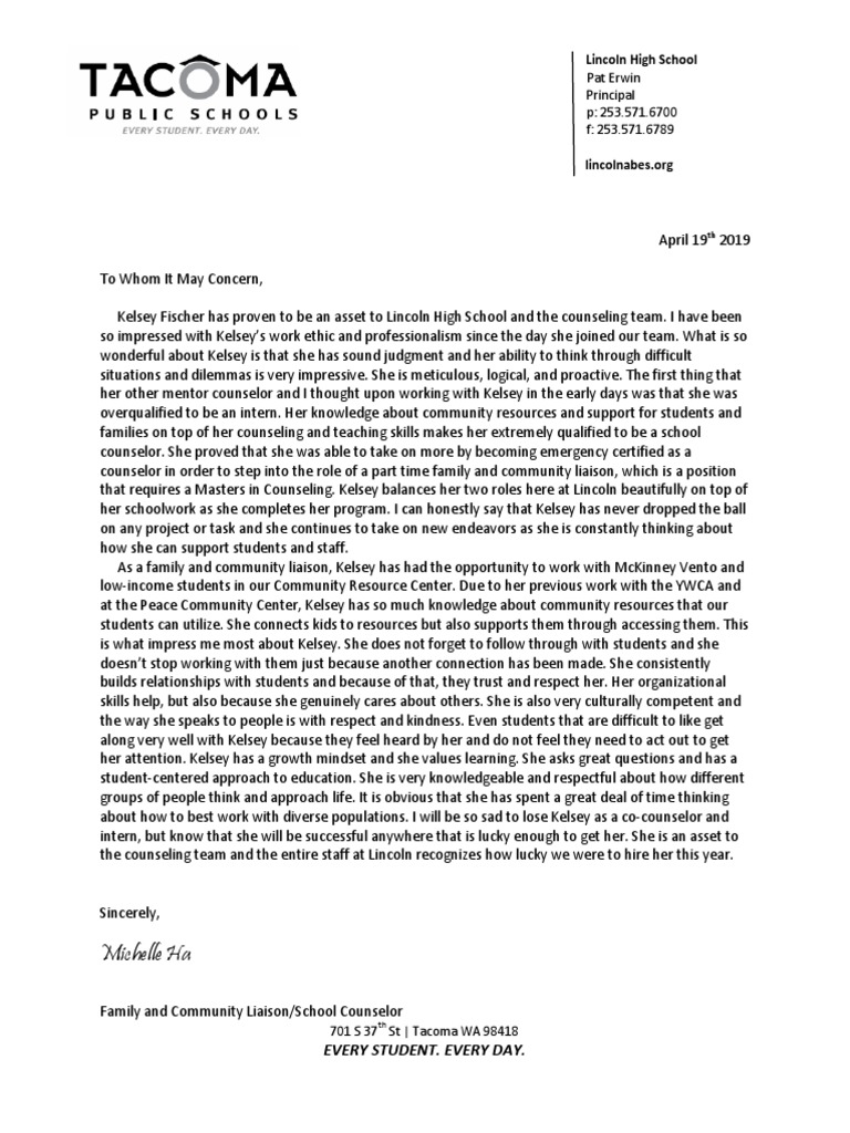 Kelsey Fischer Letter of Recommendation From Michelle Ha | PDF | School ...