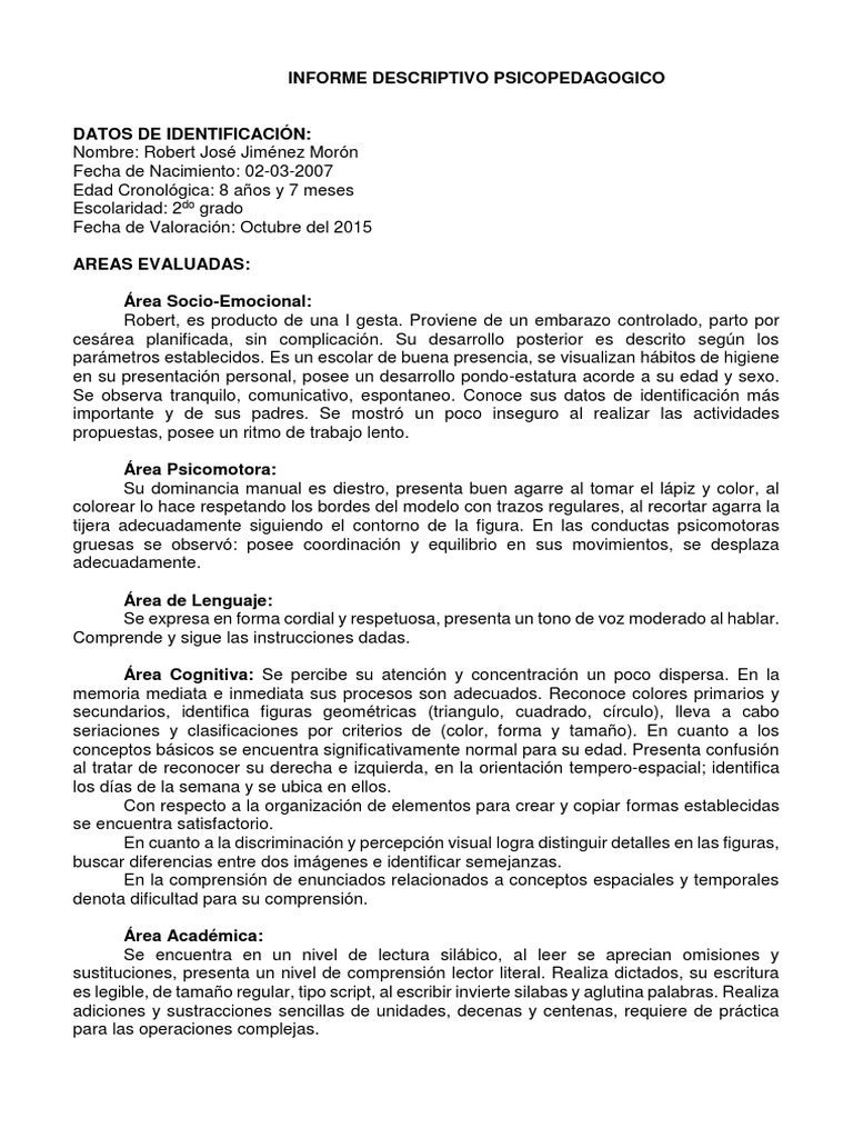 Informe Descriptivo Psicopedagogico | Aprendizaje | Ciencias del ...