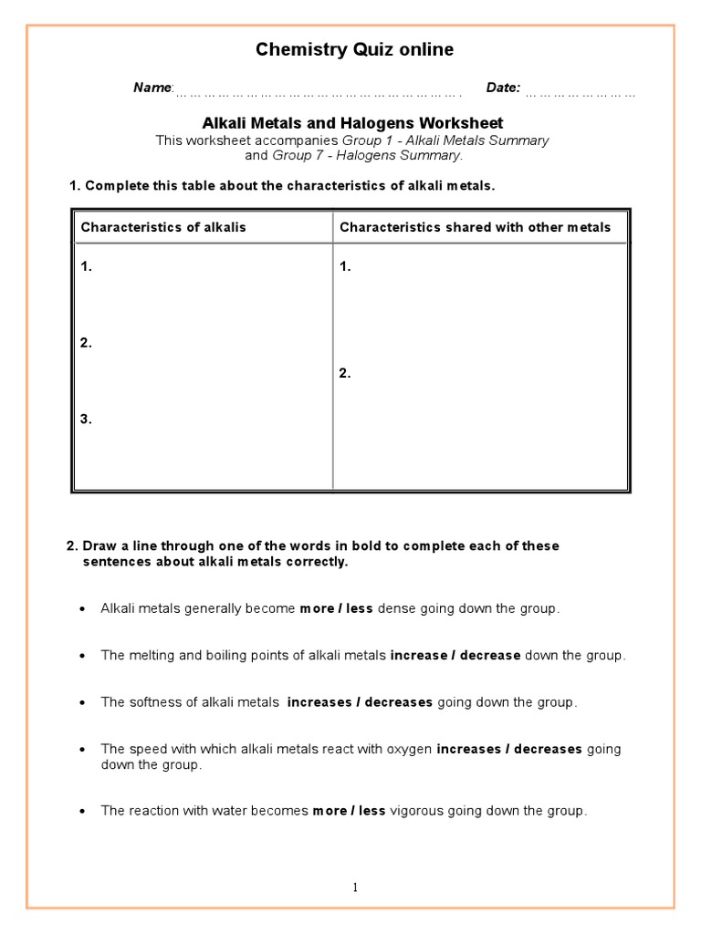 Alkali Metals and Halogens Worksheet | PDF | Iodine | Chlorine